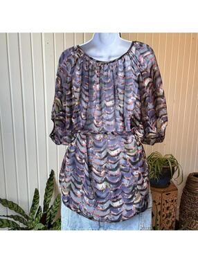 me too | Tops | Too Mi Abstract Print Boho Blouse Sheer Balloon Sleeve ...